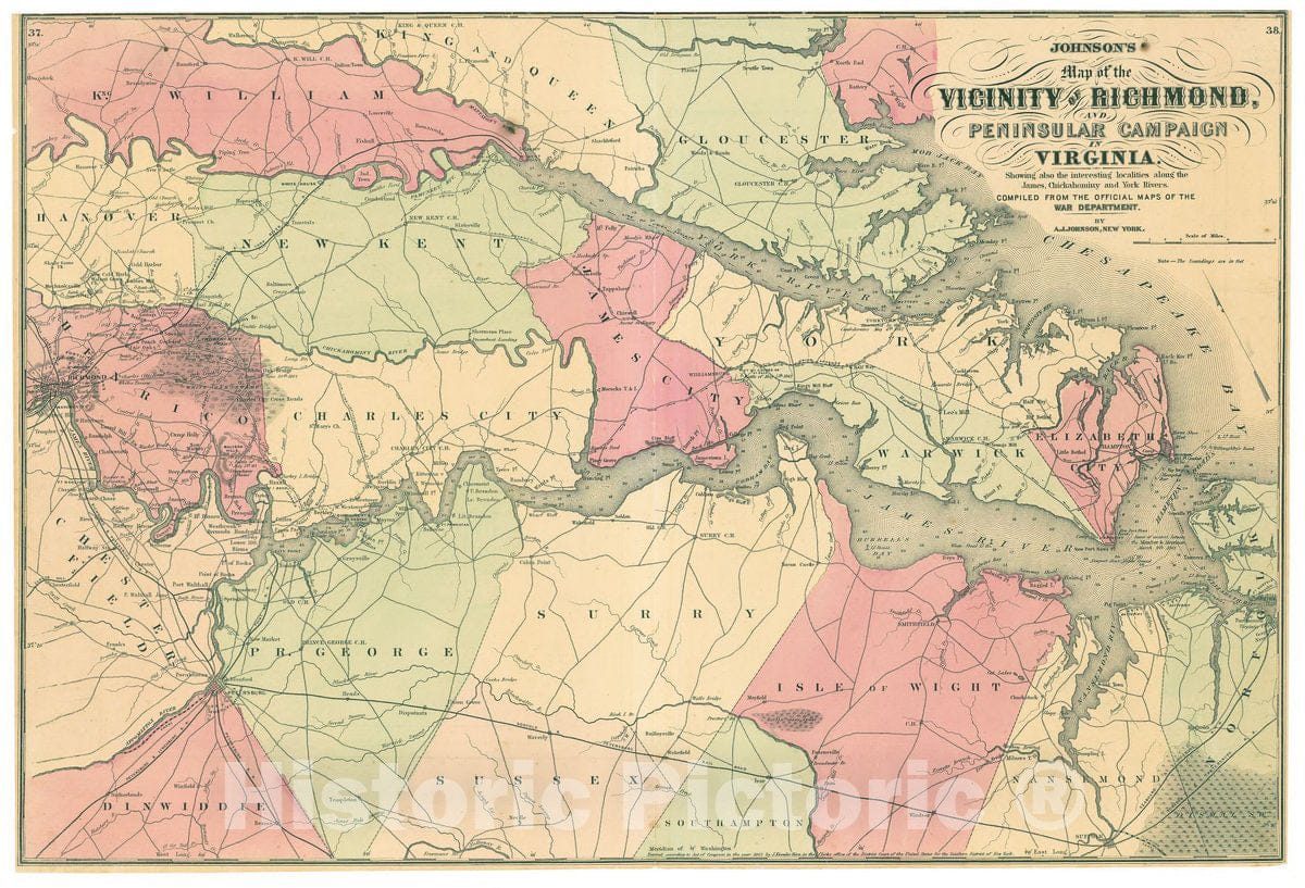 Historic 1898 Map - Map Showing The Location of Battle Fields of Virgi ...