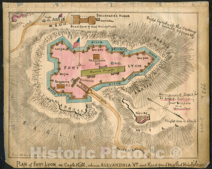 Historic 1862 Map - Plan of Fort Lyon on Eagle Hill Above Alexandria ...