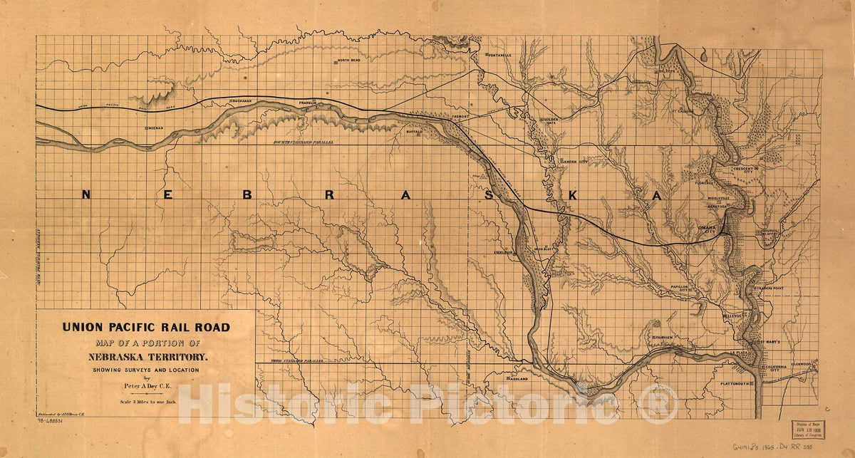 Historic 1865 Map - Union Pacific Rail Road, map of a Portion of Nebra ...