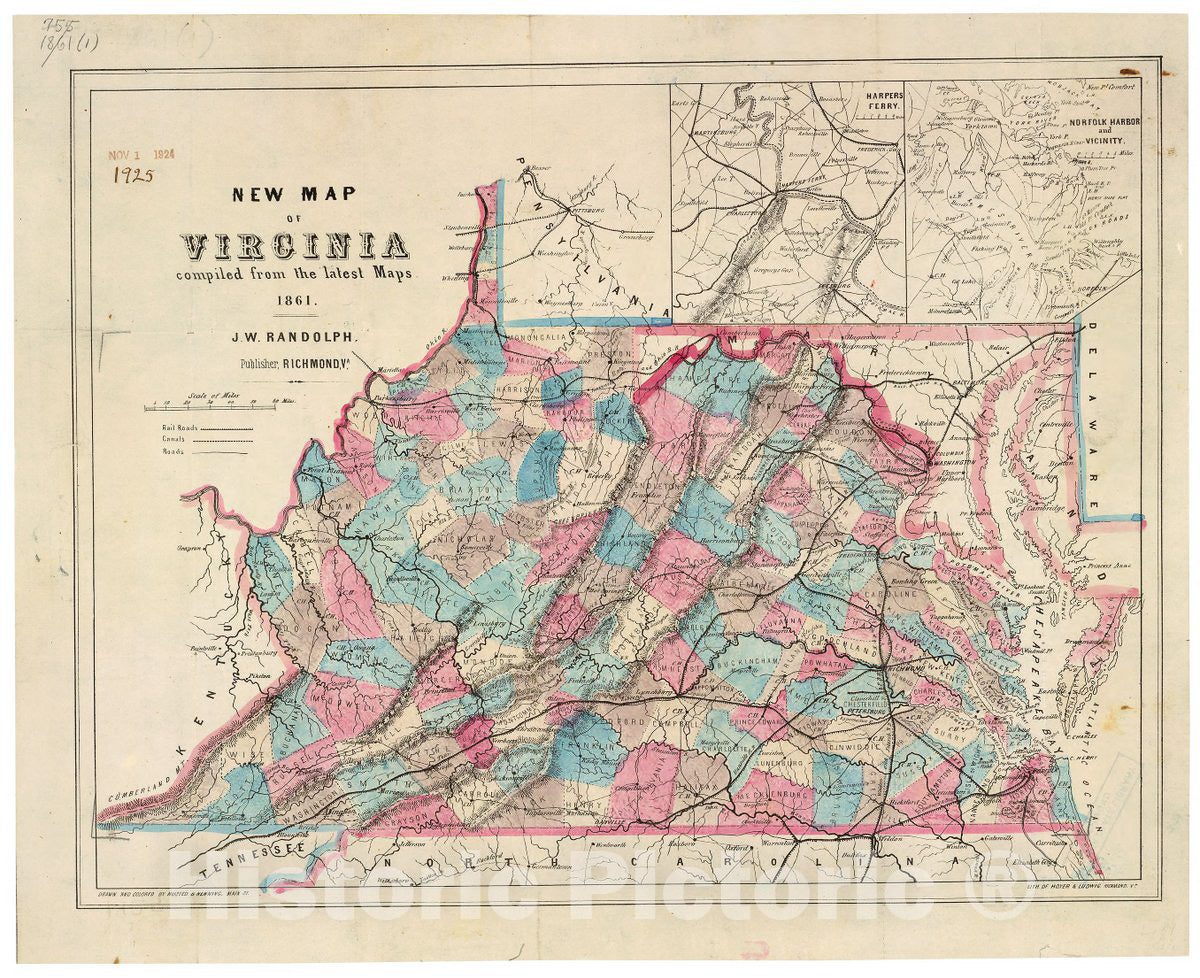Historic 1861 Map - New map of Virginia : compiled from The Latest map ...