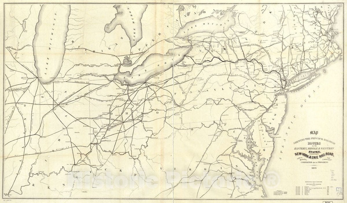 Historic 1853 Map - Map shewing The Principal Rail-Road Routes in The ...