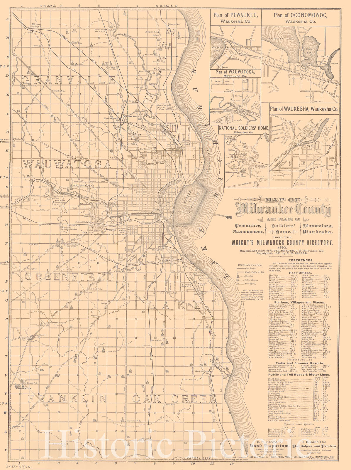 Historic 1892 Map - Map of Milwaukee County and Plans of Pewaukee, Oco ...