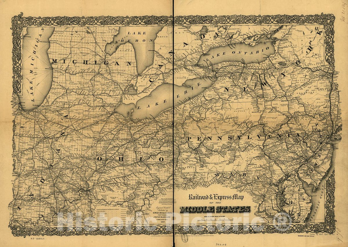 Historic 1867 Map - Railroad & Express map of The Middle States ...