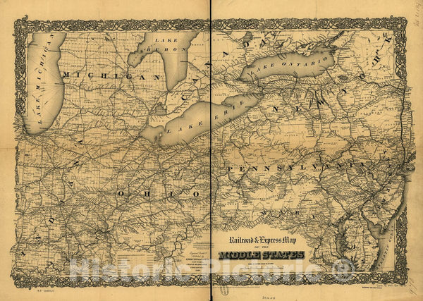 Historic 1867 Map - Railroad & Express map of The Middle States ...