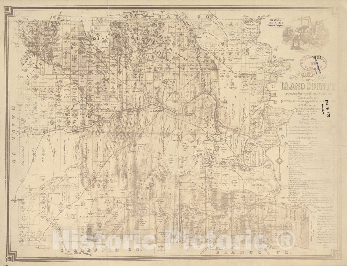 Historic 1875 Map - Map of Llano County : Showing Geology, Mineral loc ...