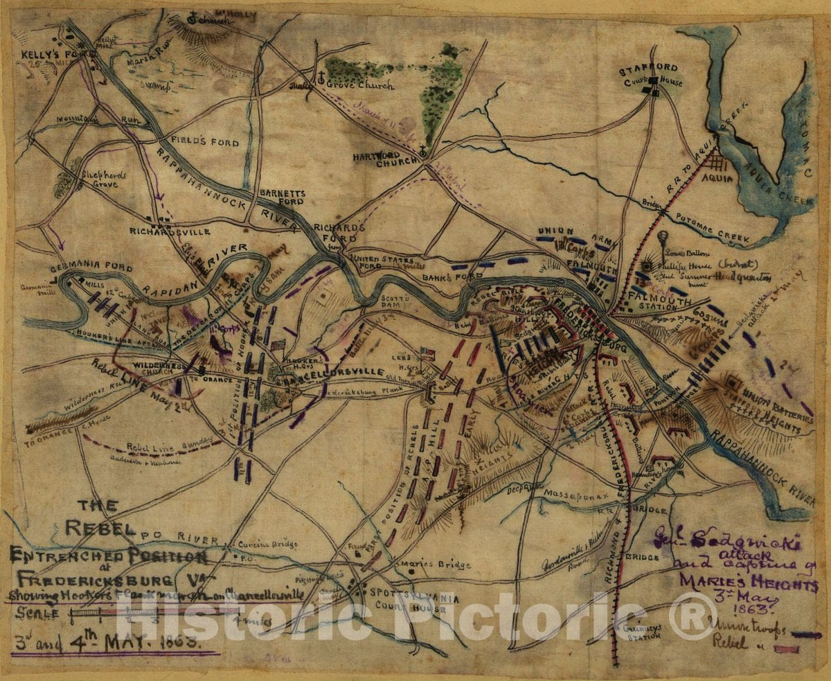 Historic 1863 Map - The Rebel entrenched Position at Fredericksburg, V ...