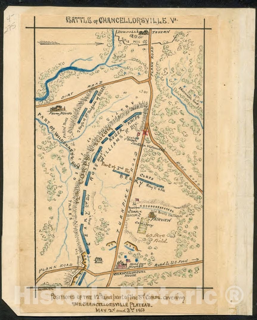 Historic 1863 Map - Battle of Chancellorsville, Va. Position of The 12 ...
