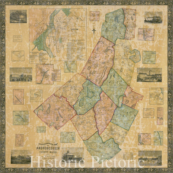 Historic 1858 Map - A Topographical map of Androscoggin County, Maine ...