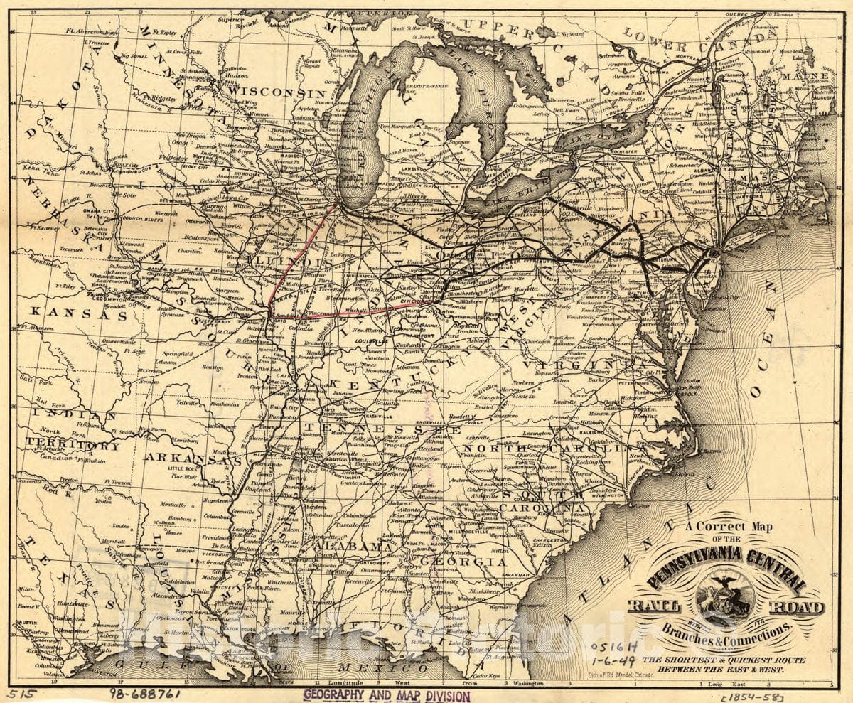 Historic 1854 Map - A Correct map of The Pennsylvania Central Rail Roa ...