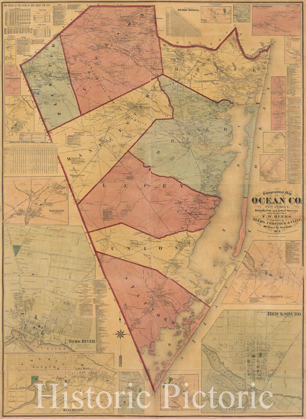Historic 1872 Map - Topographical map of Ocean Co, New Jersey : from R ...