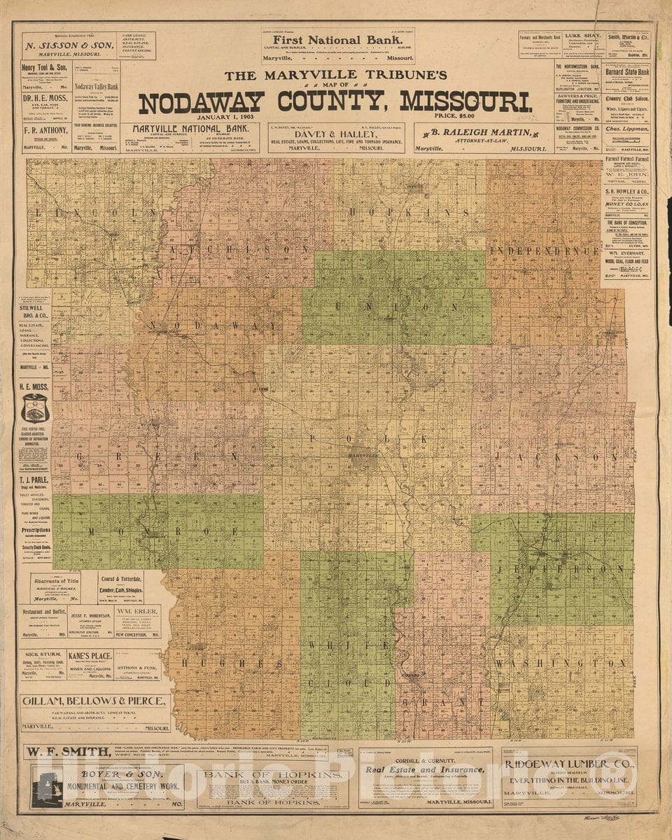 Historic 1906 Map - The Maryville Tribune's map of Nodaway County, Mis ...