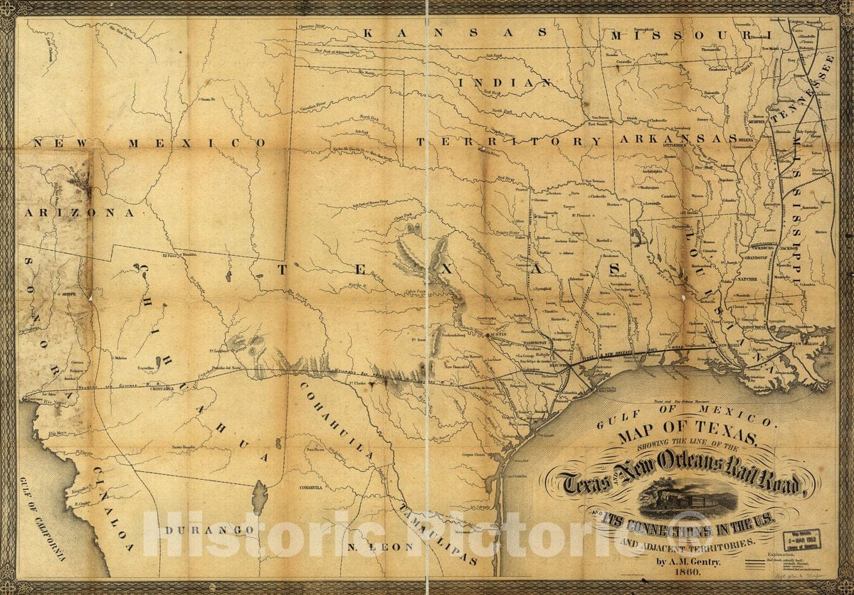 Historic 1860 Map - Map of Texas, Showing The line of The Texas and Ne ...