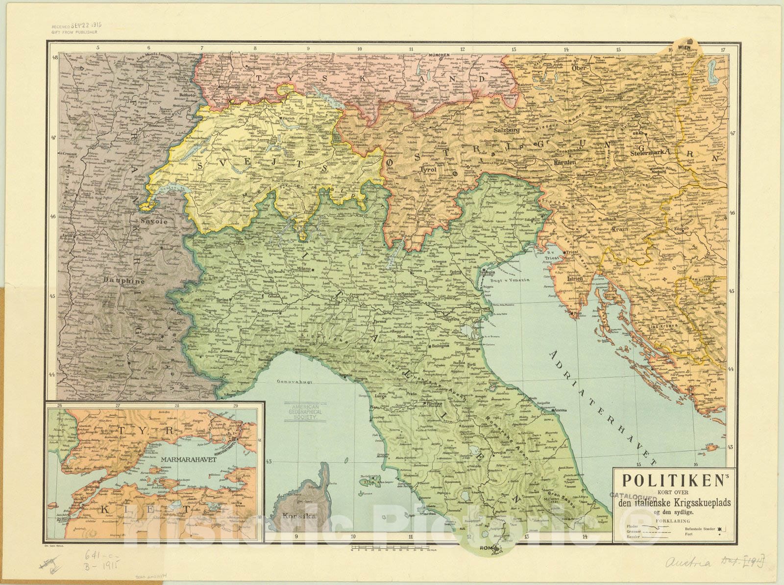 Map : Italy 1915, Politiken kort over den italienske Krigsskueplads og ...