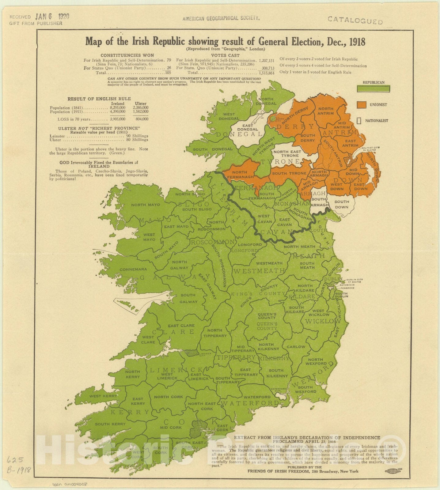 Map : Ireland 1918, Map of the Irish republic showing result of genera ...