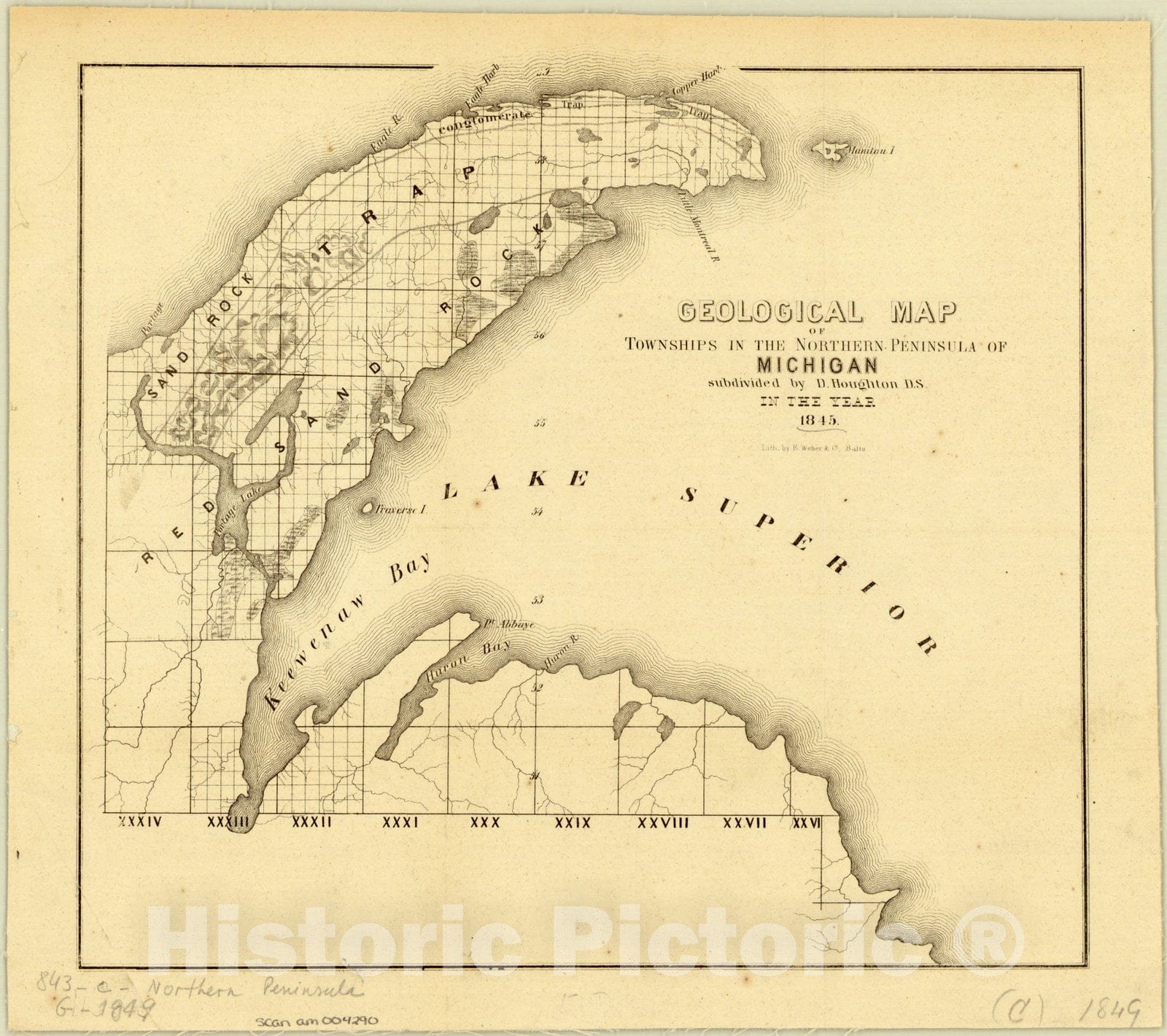 Map : Upper Peninsula Michigan 1849, Geological map of townships in th ...