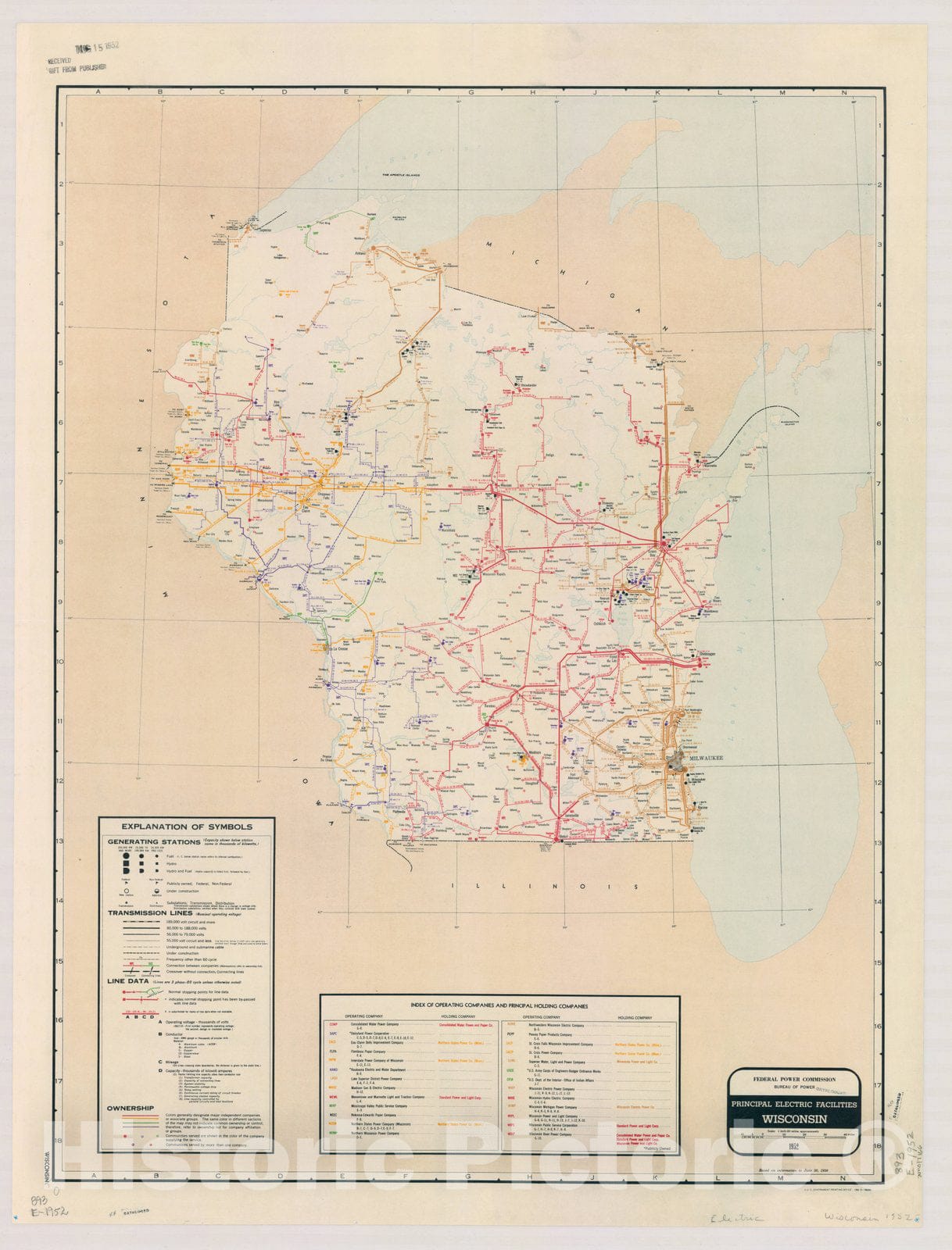 Map : Wisconsin 1952, Principal electric facilities Wisconsin , Antiqu ...