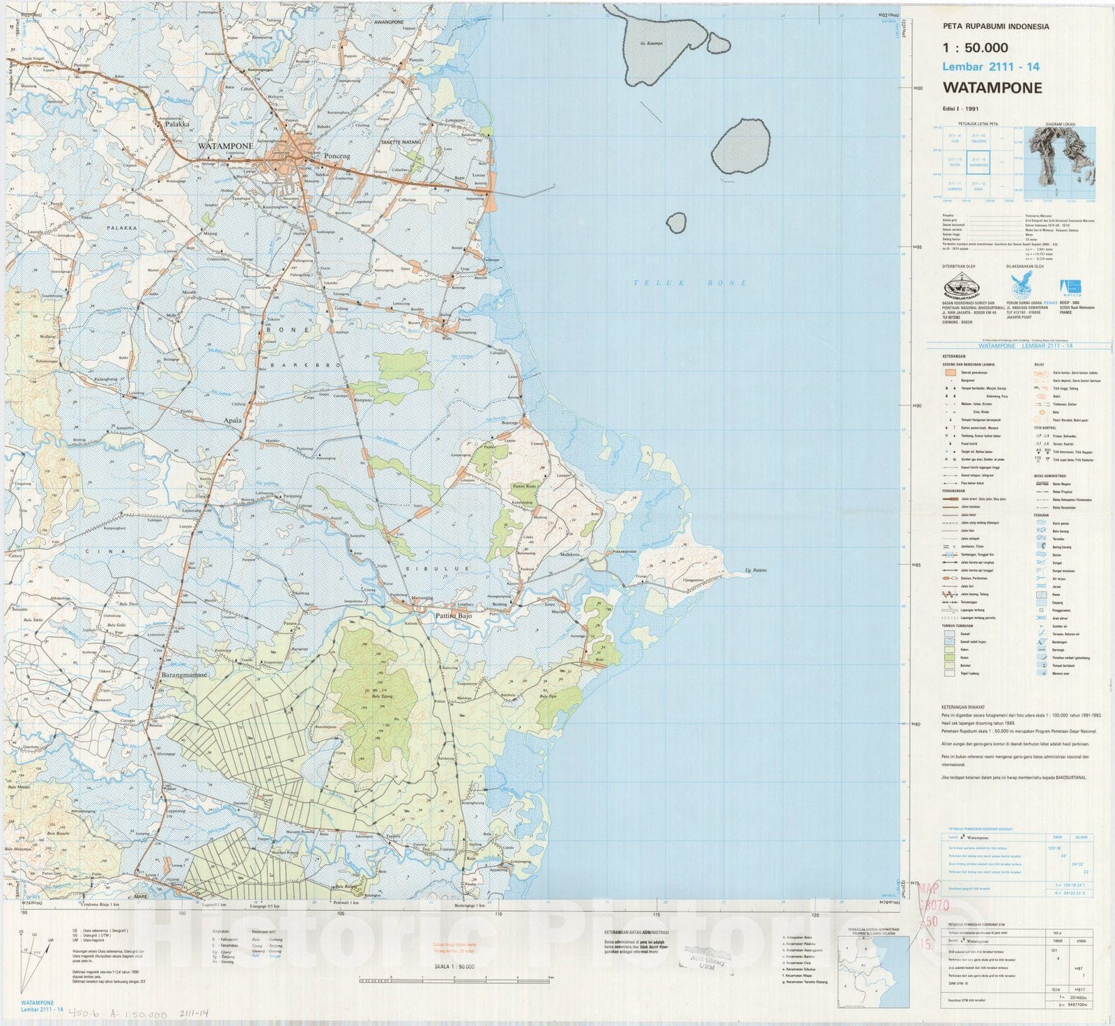 Map : Watampone, Indonesia 1991, Peta rupabumi Indonesia, 1:50,000 , A ...