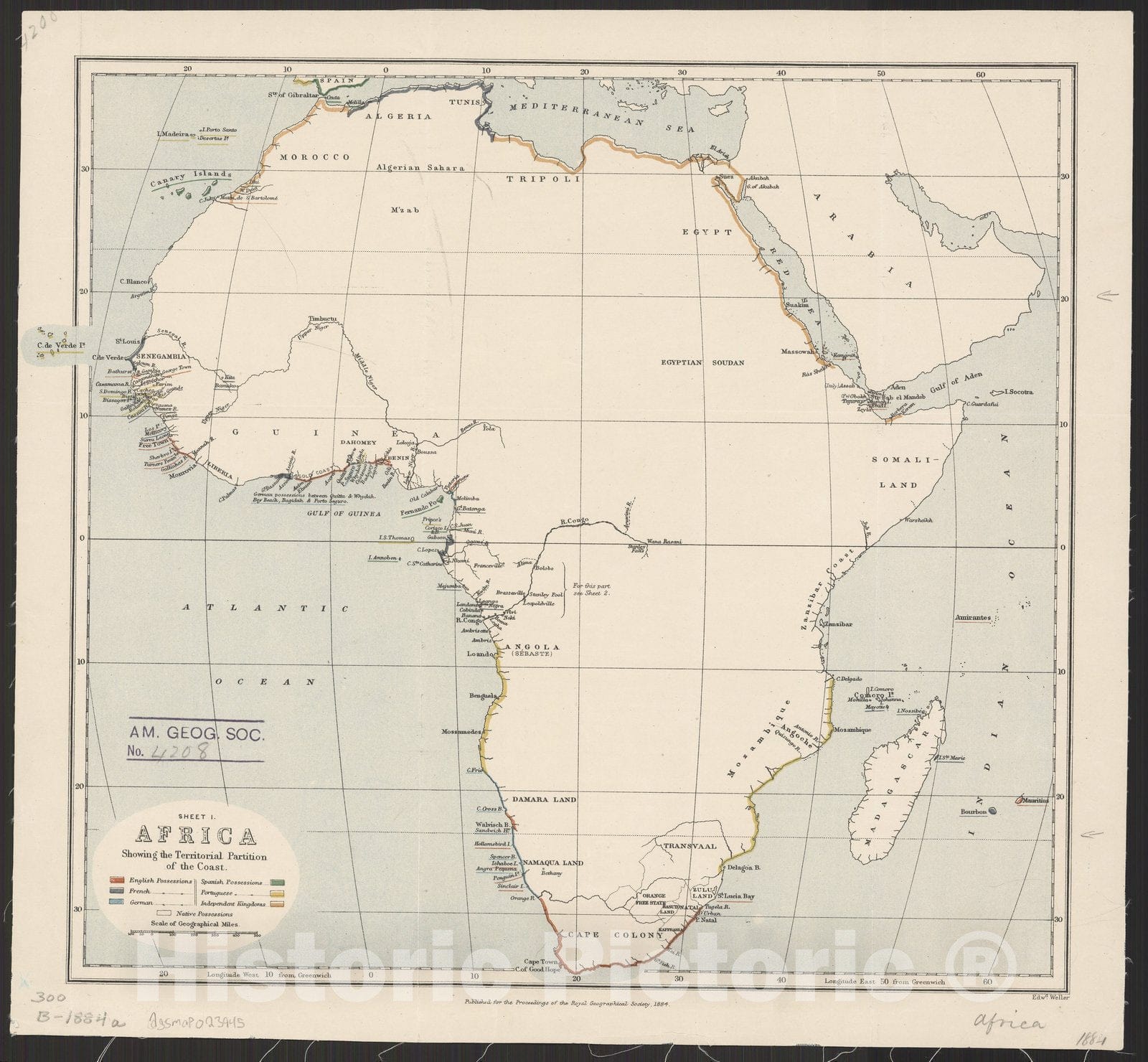 Map : Africa 1884, Africa showing the territorial partition of the coa ...