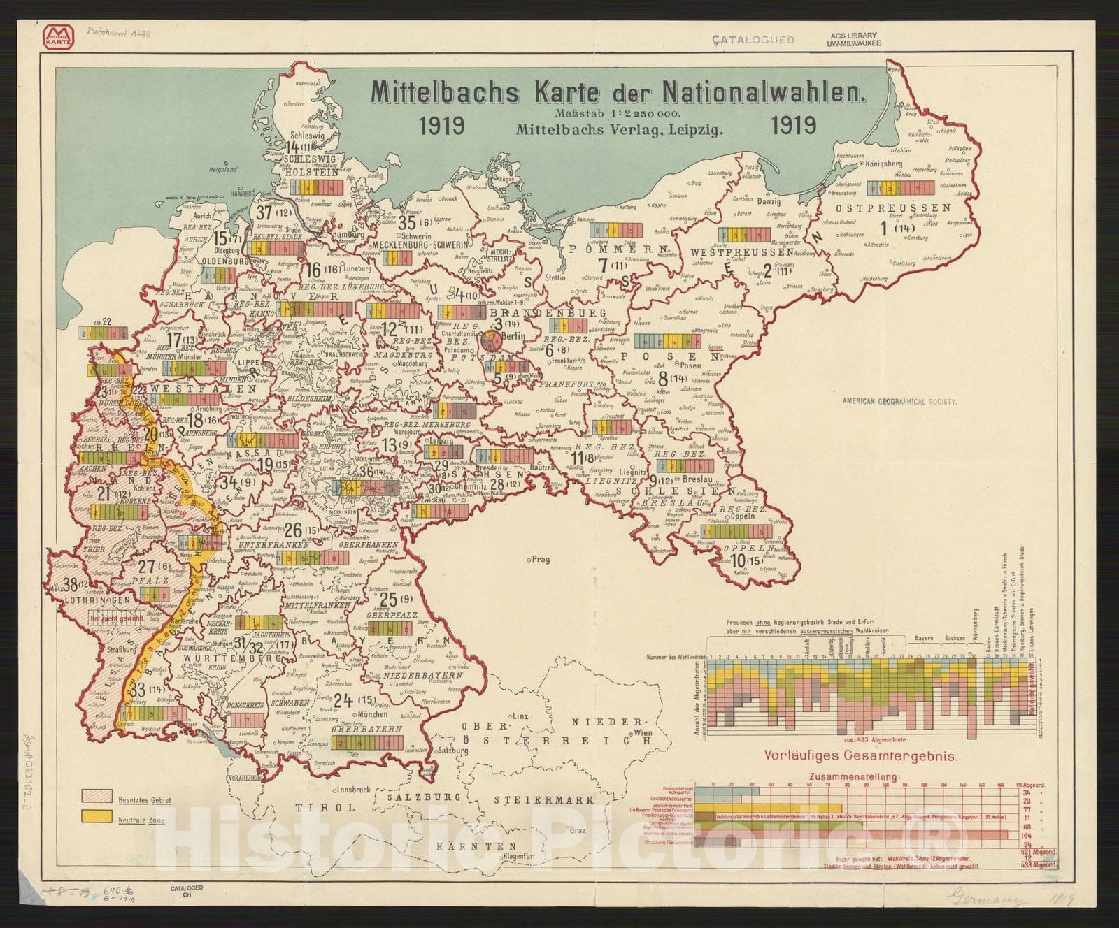 Map : Germany 1919, Mittelbachs Karte der Nationalwahlen , Antique Vin ...