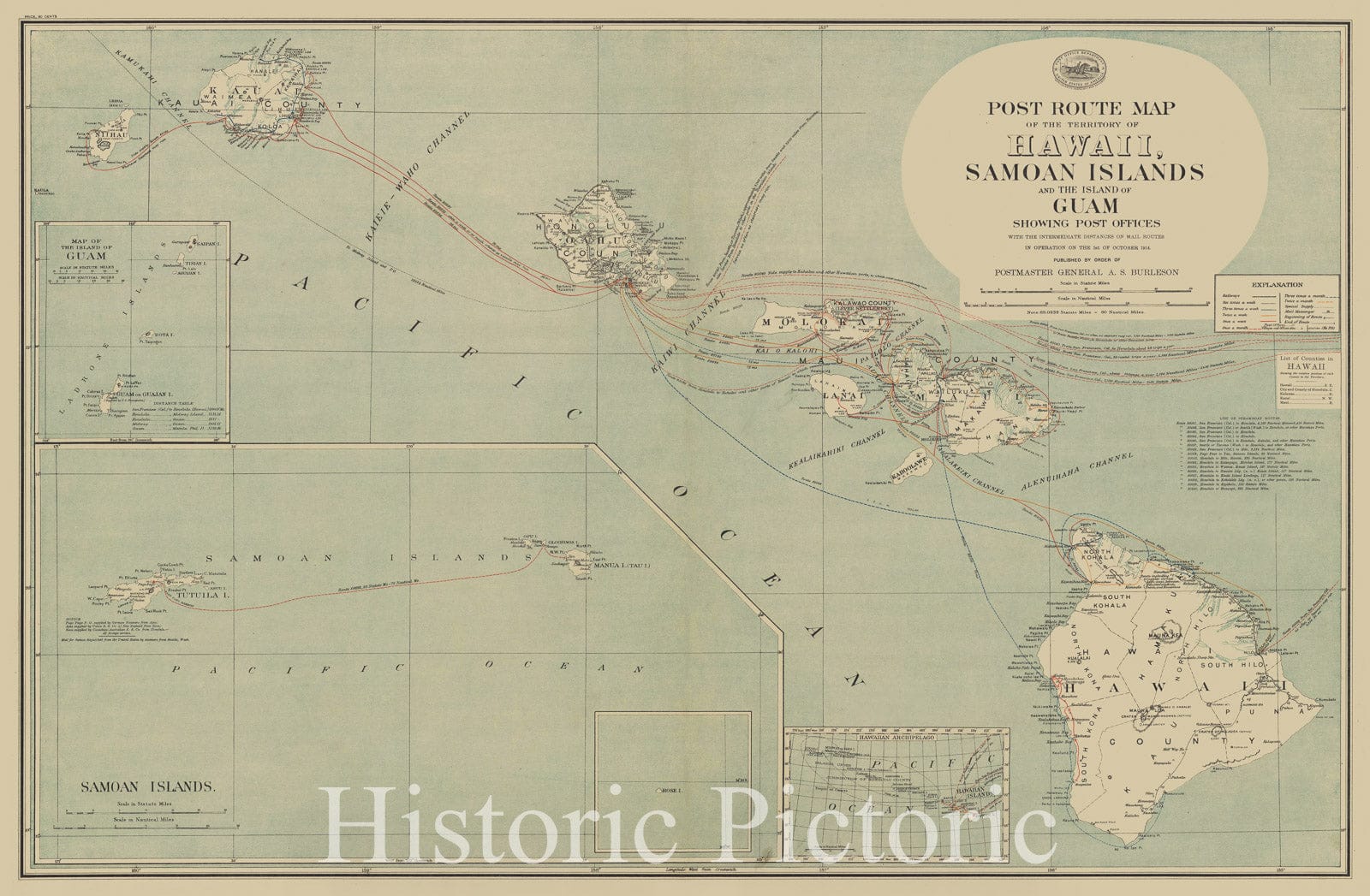 Map : Hawaii, Samoan Islands and the Island of Guam 1914, post route m ...