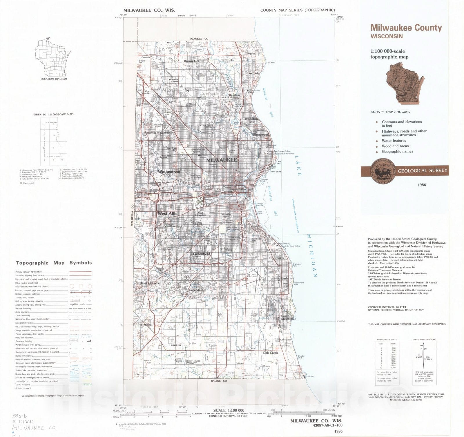 Map : Milwaukee County (Wisconsin) 1986, topographic map, County map s ...