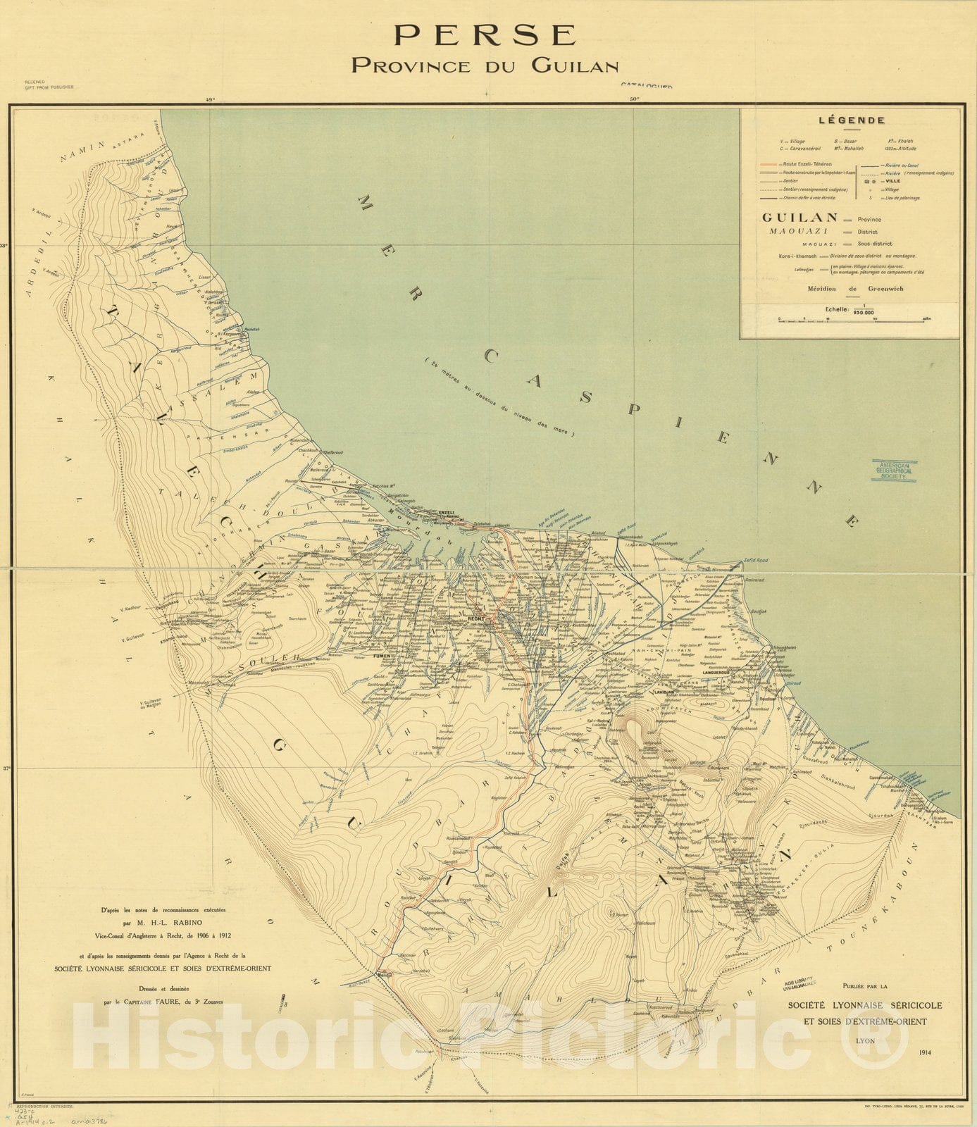 Map : Gi?la?n, Iran 1914, Perse : Province du Guilan , Antique Vintage ...