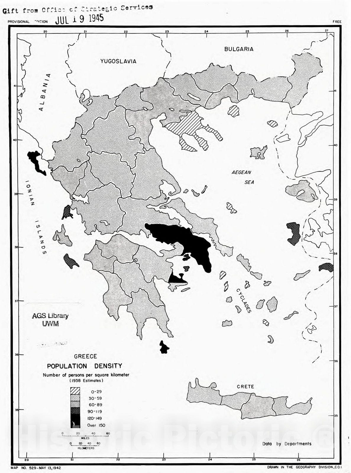 Map : Greece 1942, Greece, population density , Antique Vintage Reprod ...