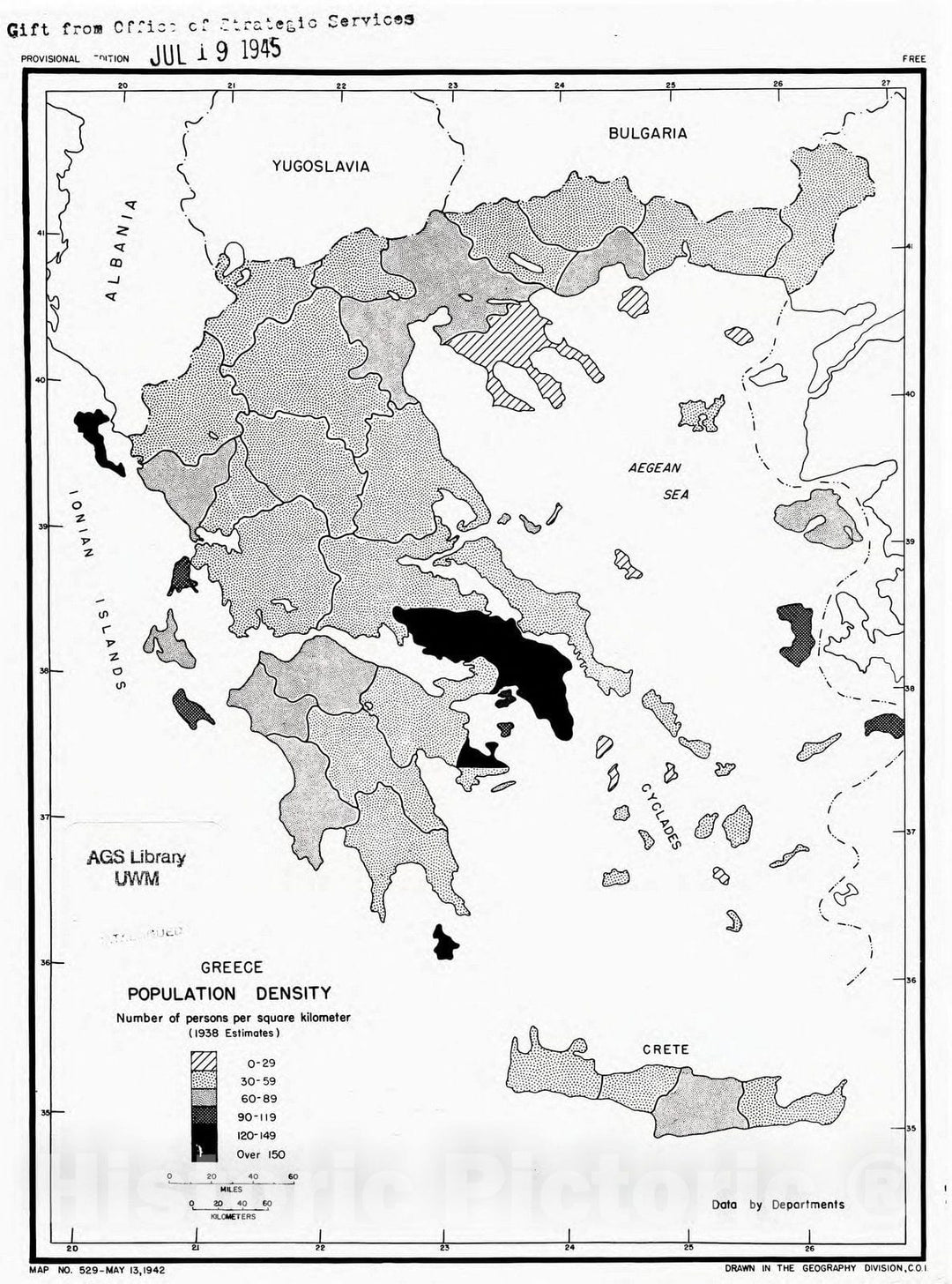 Map : Greece 1942, Greece, population density , Antique Vintage Reprod ...