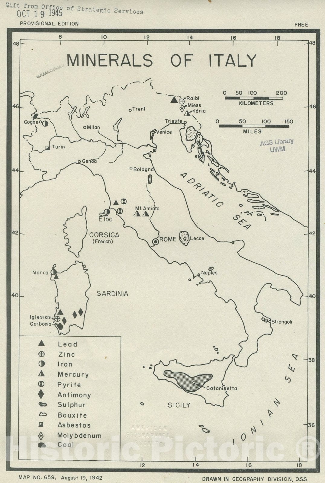 Map : Italy 1942, Minerals of Italy , Antique Vintage Reproduction ...