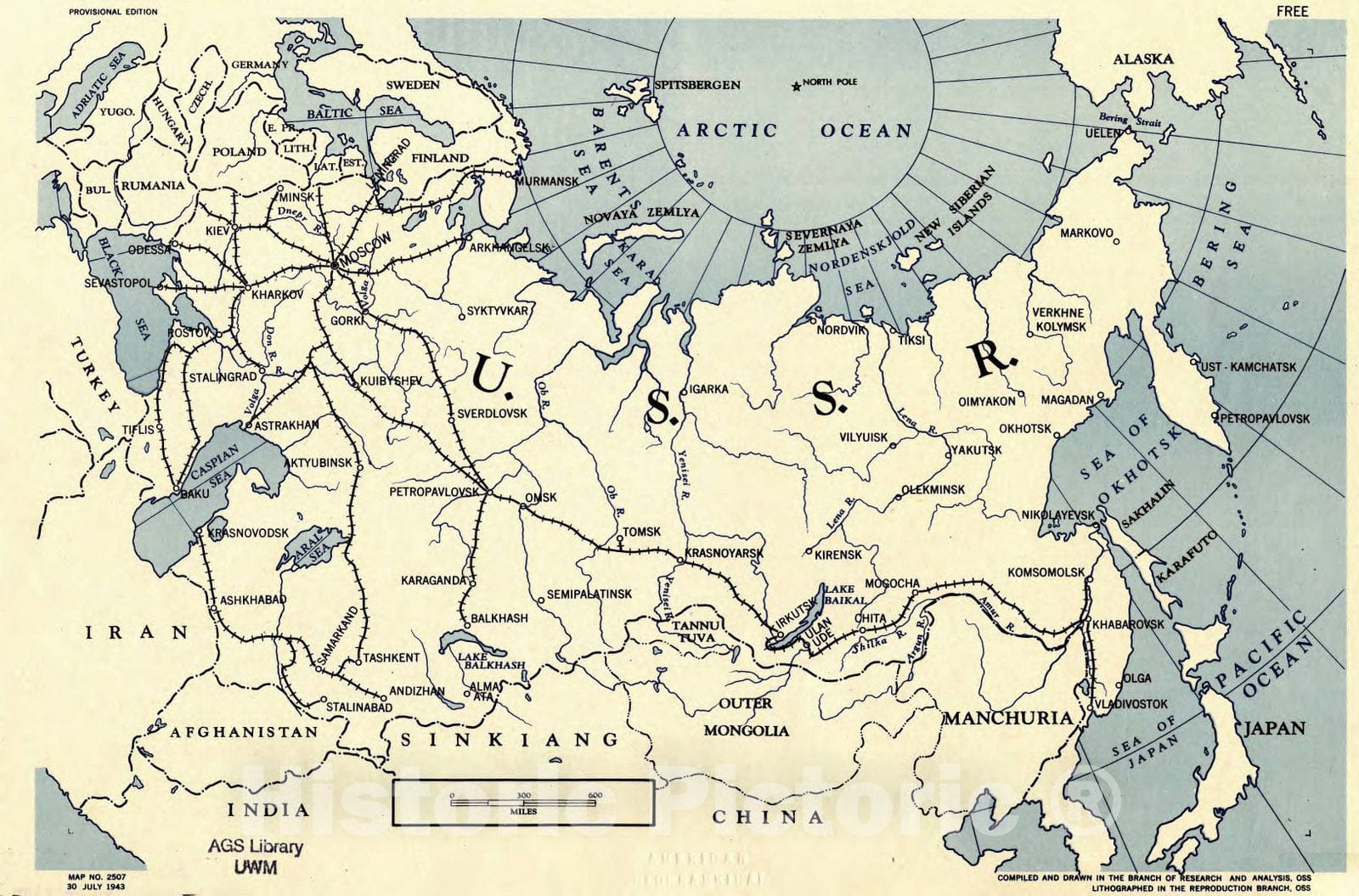 Map : Soviet Union 1943, [Railroads of U.S.S.R.] , Antique Vintage Rep ...