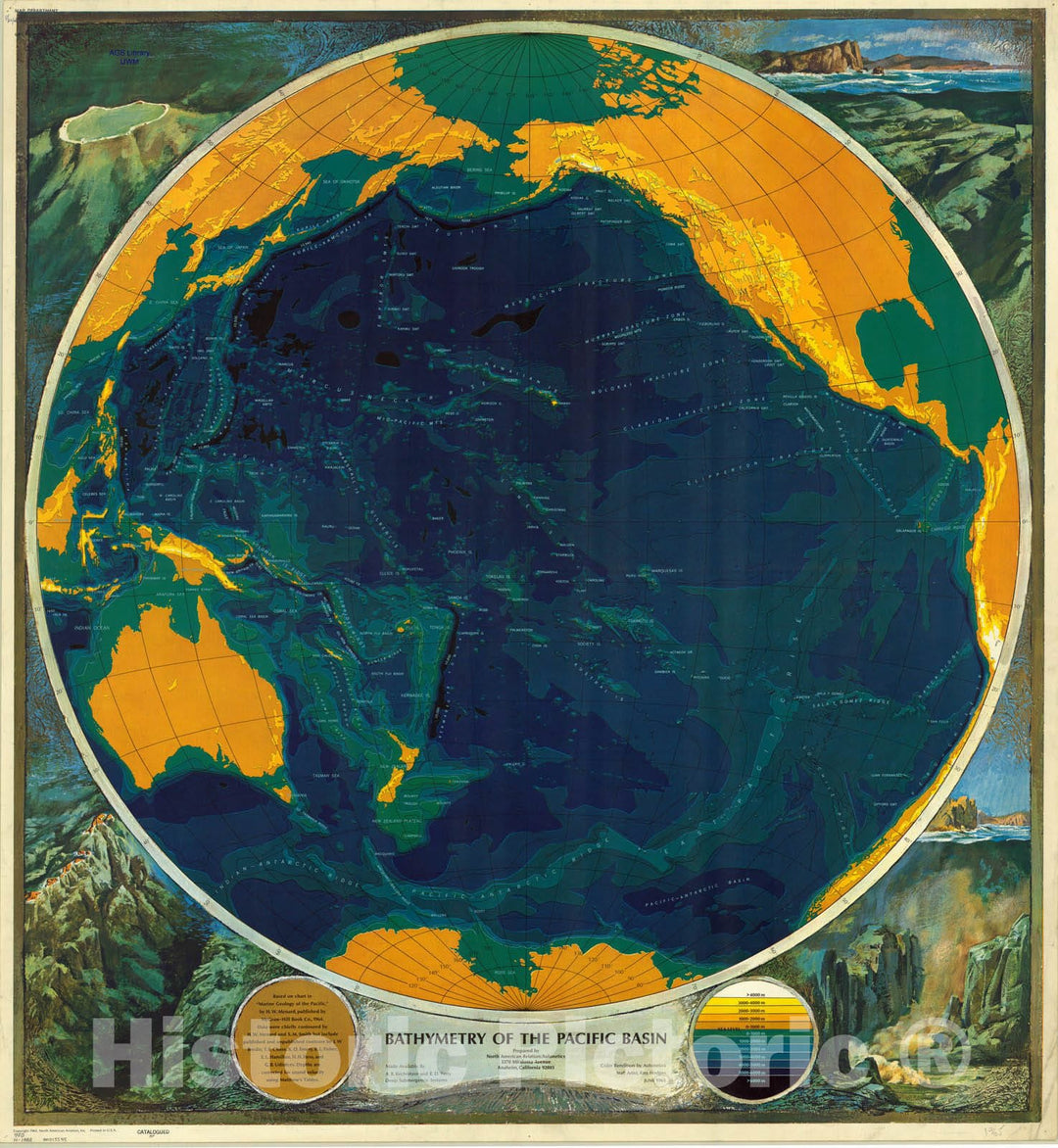 Map : Pacific Basin 1965, Bathymetry of the Pacific basin , Antique Vi ...