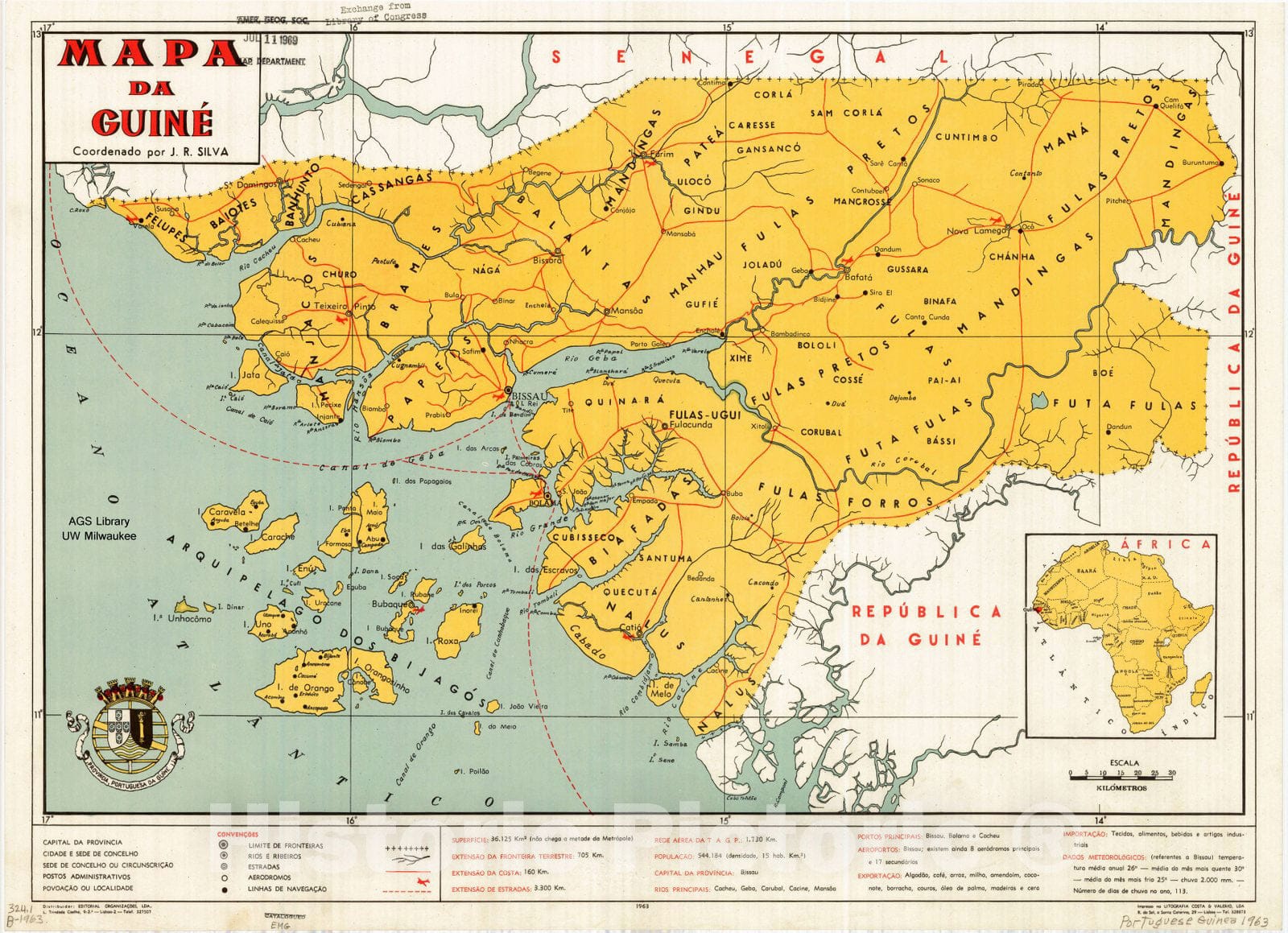 Map : Guinea-Bissau 1963, Mapa da Guine , Antique Vintage Reproduction ...