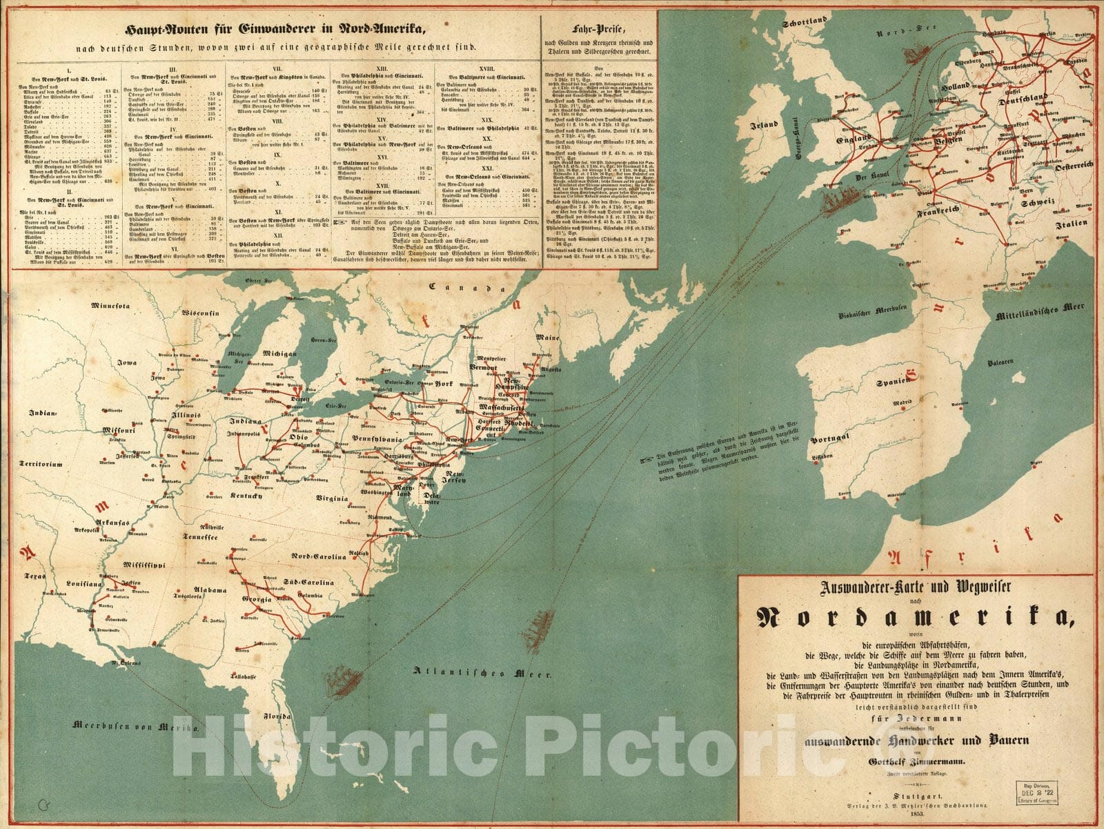 Map : Immigration from Europe to the United States 1853, Auswanderer-k ...