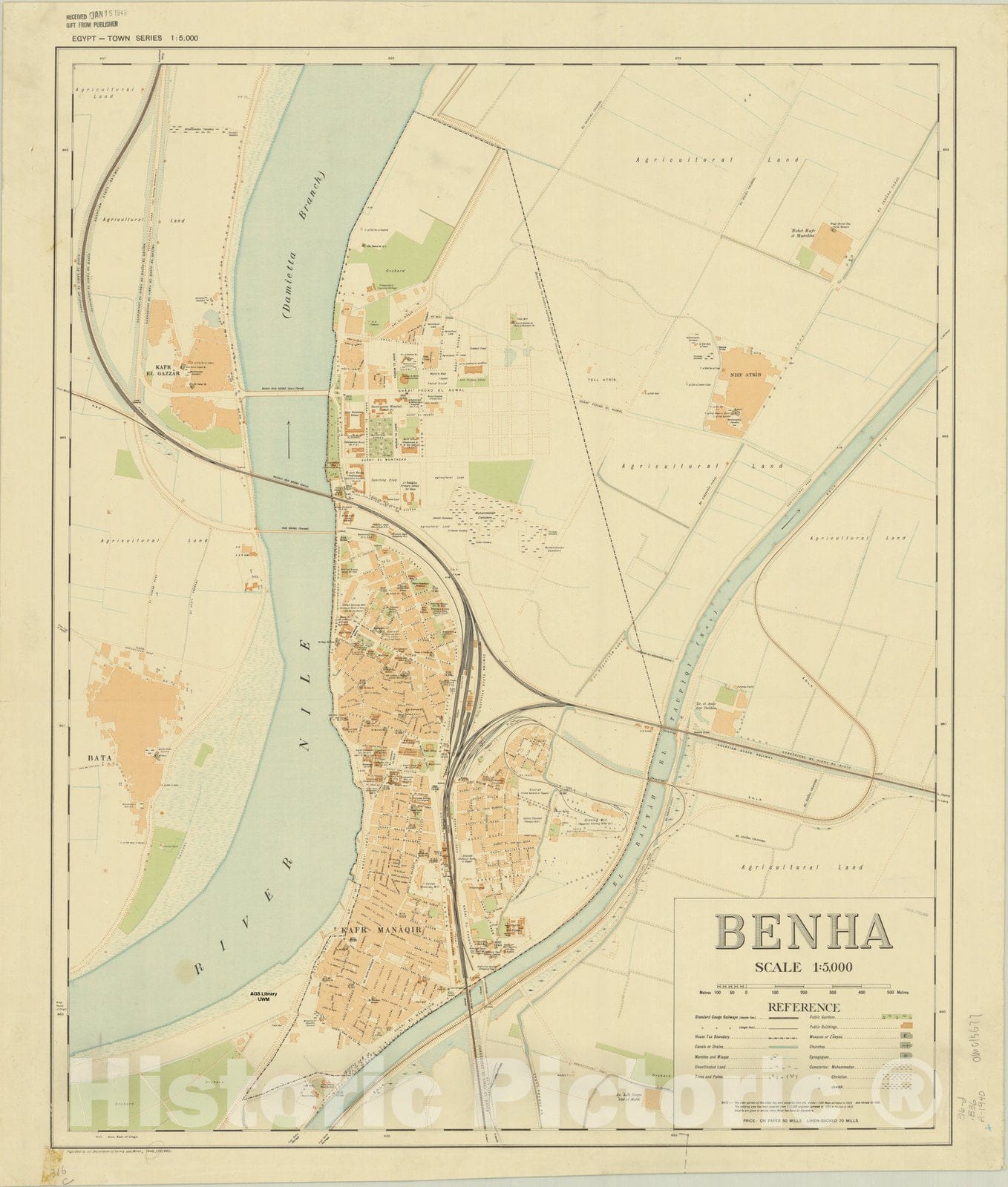 Map : Benha, Egypt 1940, Egypt town series. Benha., Antique Vintage Re ...