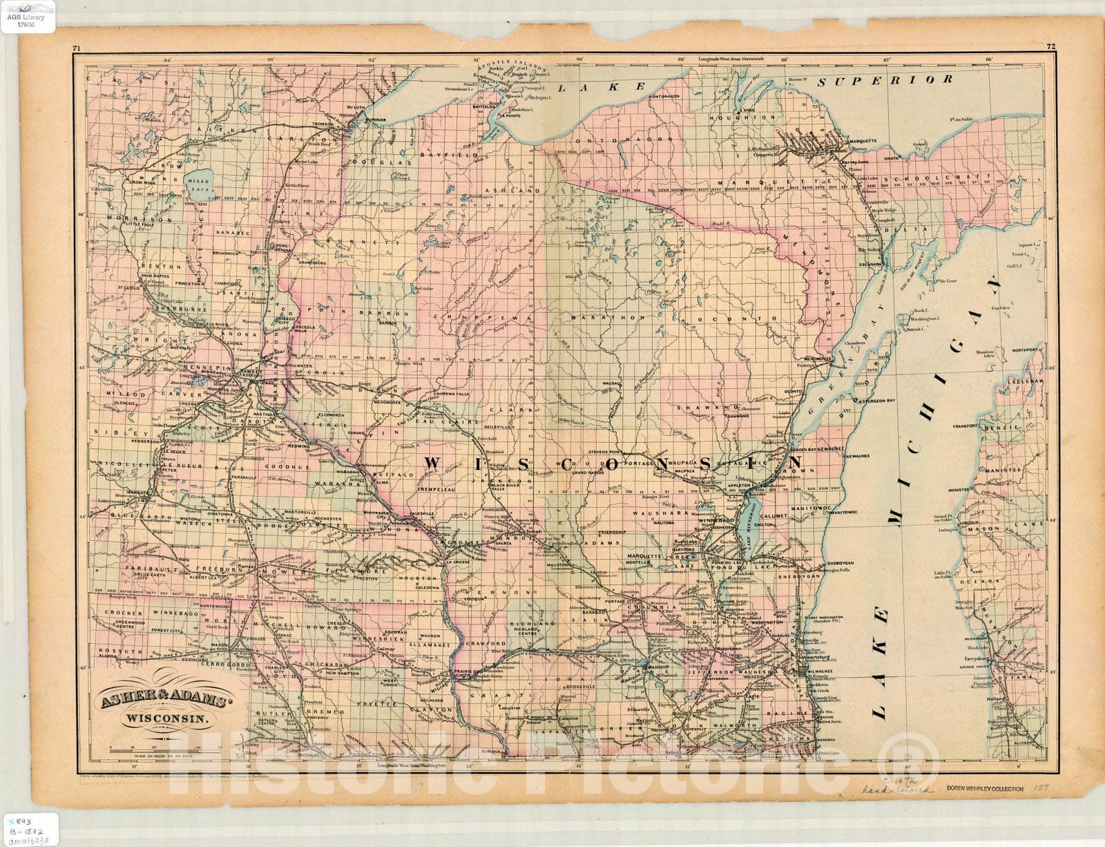 Map : Wisconsin 1872 2, Asher & Adams' Wisconsin, Antique Vintage Repr ...