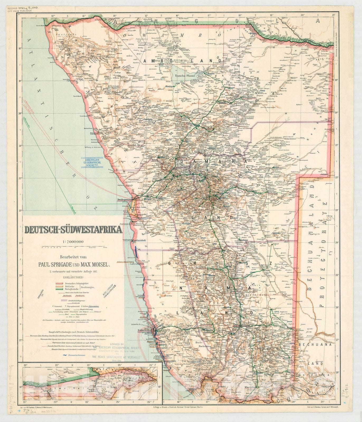 Map : Namibia 1912, Deutsch-Sudwestafrika , Antique Vintage Reproducti ...