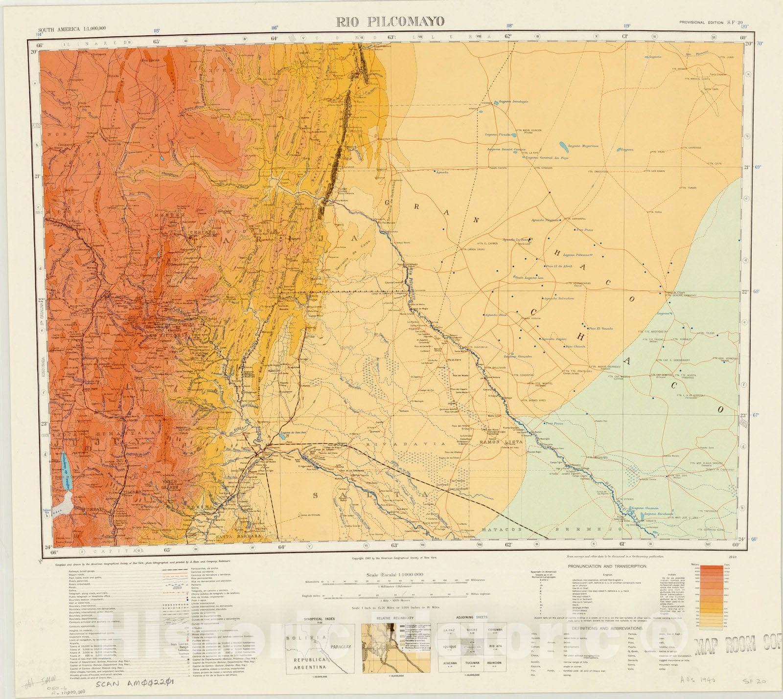 Map : Rio Pilcomayo, Bolivia, Argentina and Paraguay 1940, Map of Hisp ...