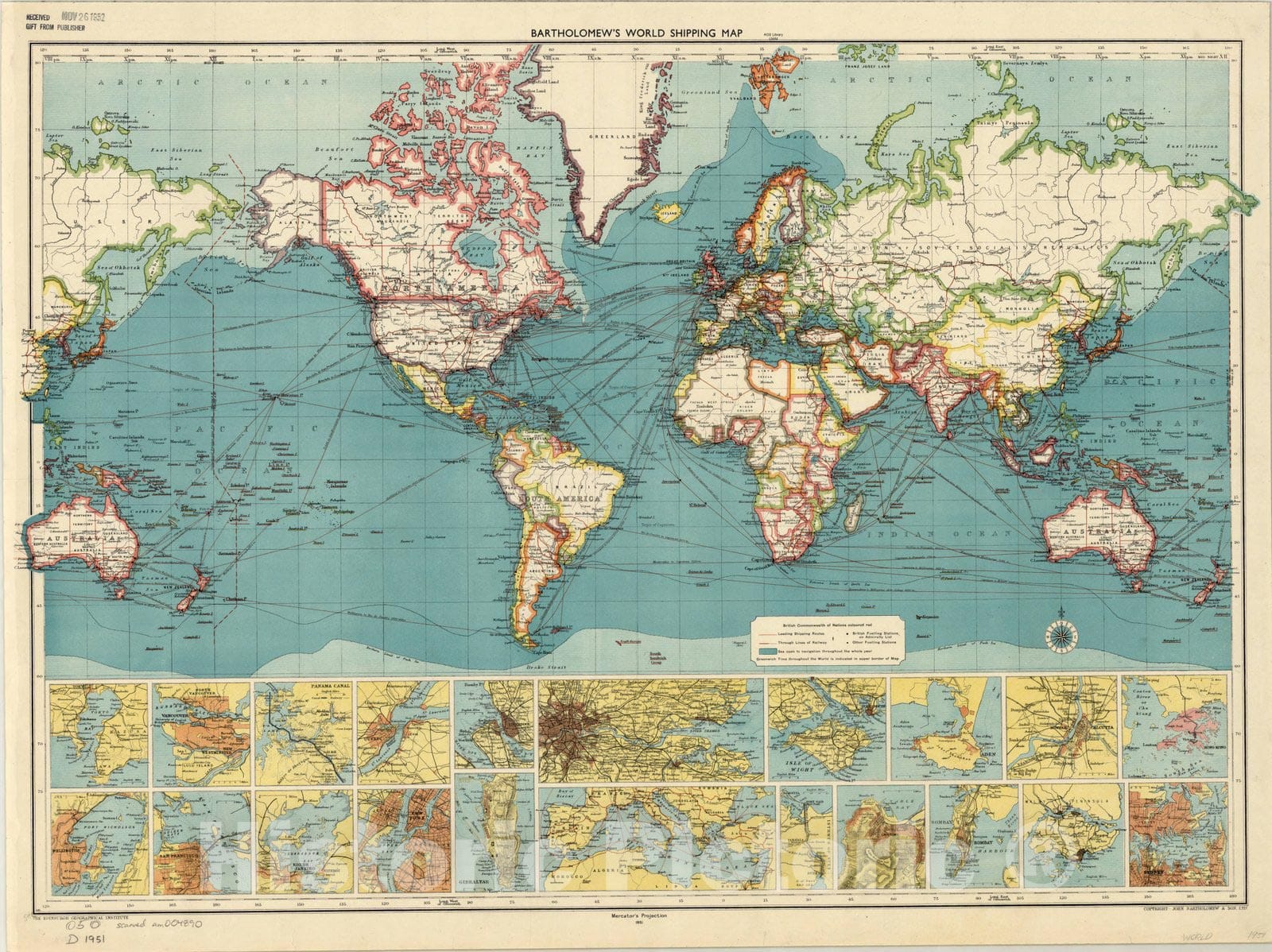 Map : World map 1951, Bartholomew's world shipping map , Antique Vinta ...