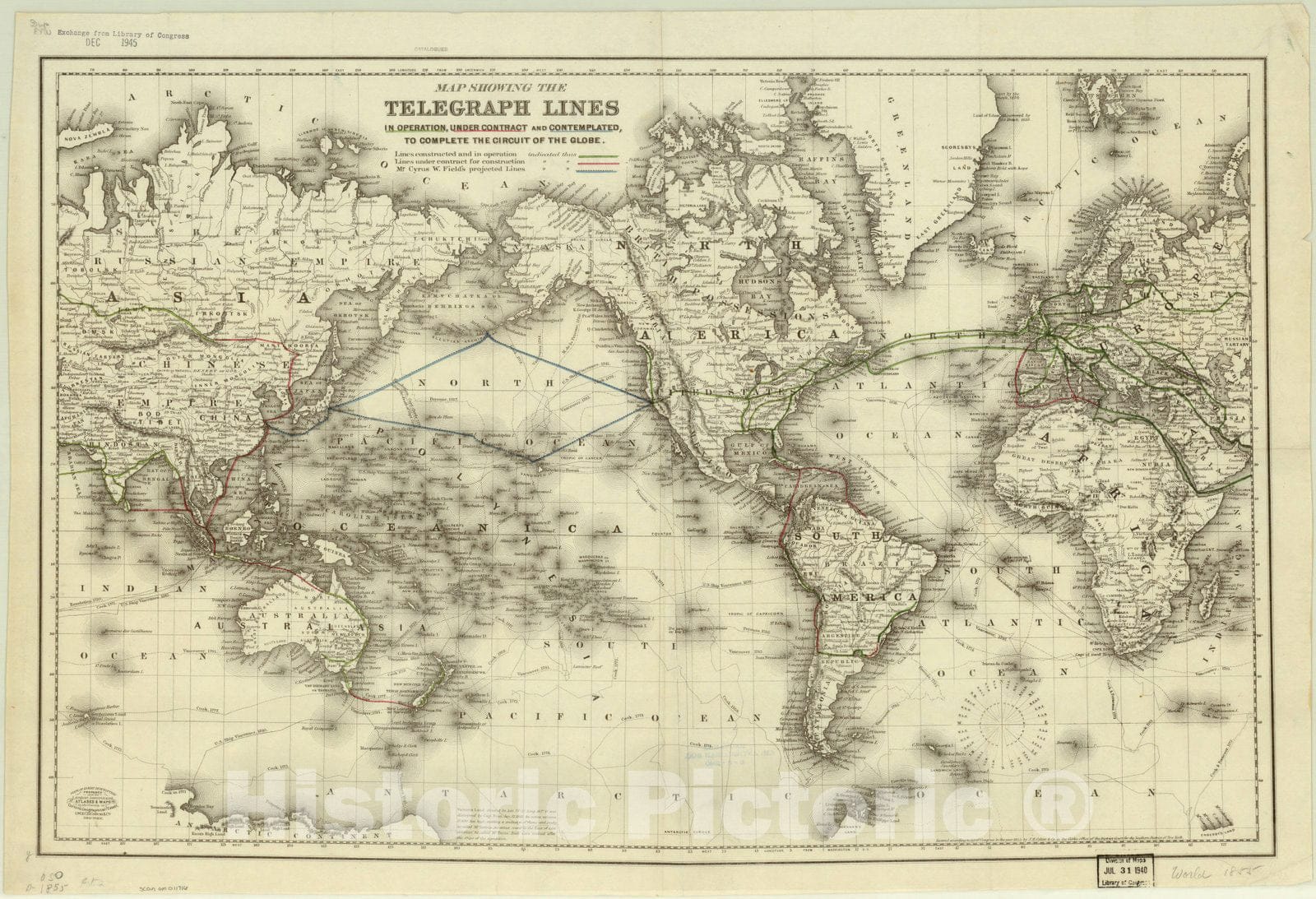 Historic Map : World map 1855, Map showing the telegraph lines in oper ...