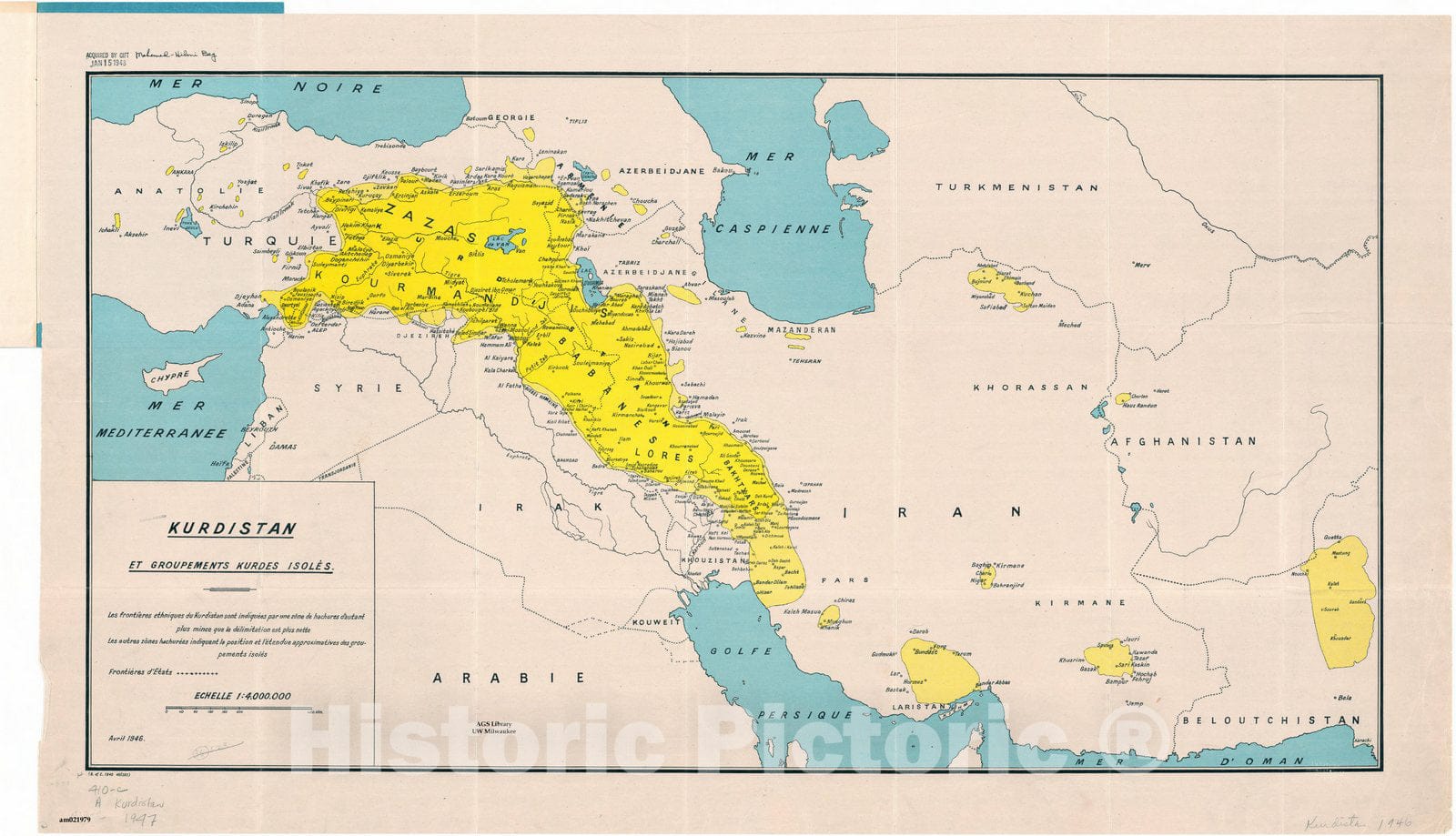 Map : Kurdistan 1947, Kurdistan et groupements Kurdes isoles, Antique ...