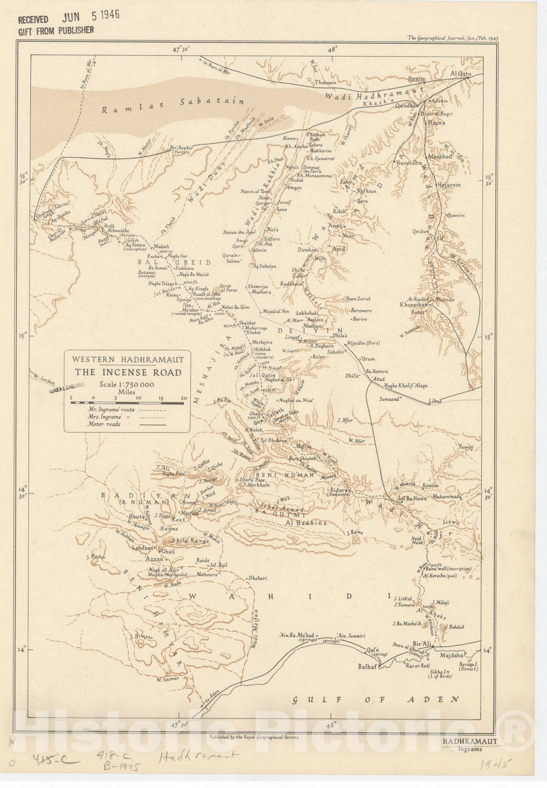 Map : Yemen 1945, Western Hadhramaut : the incense road, Antique Vinta ...