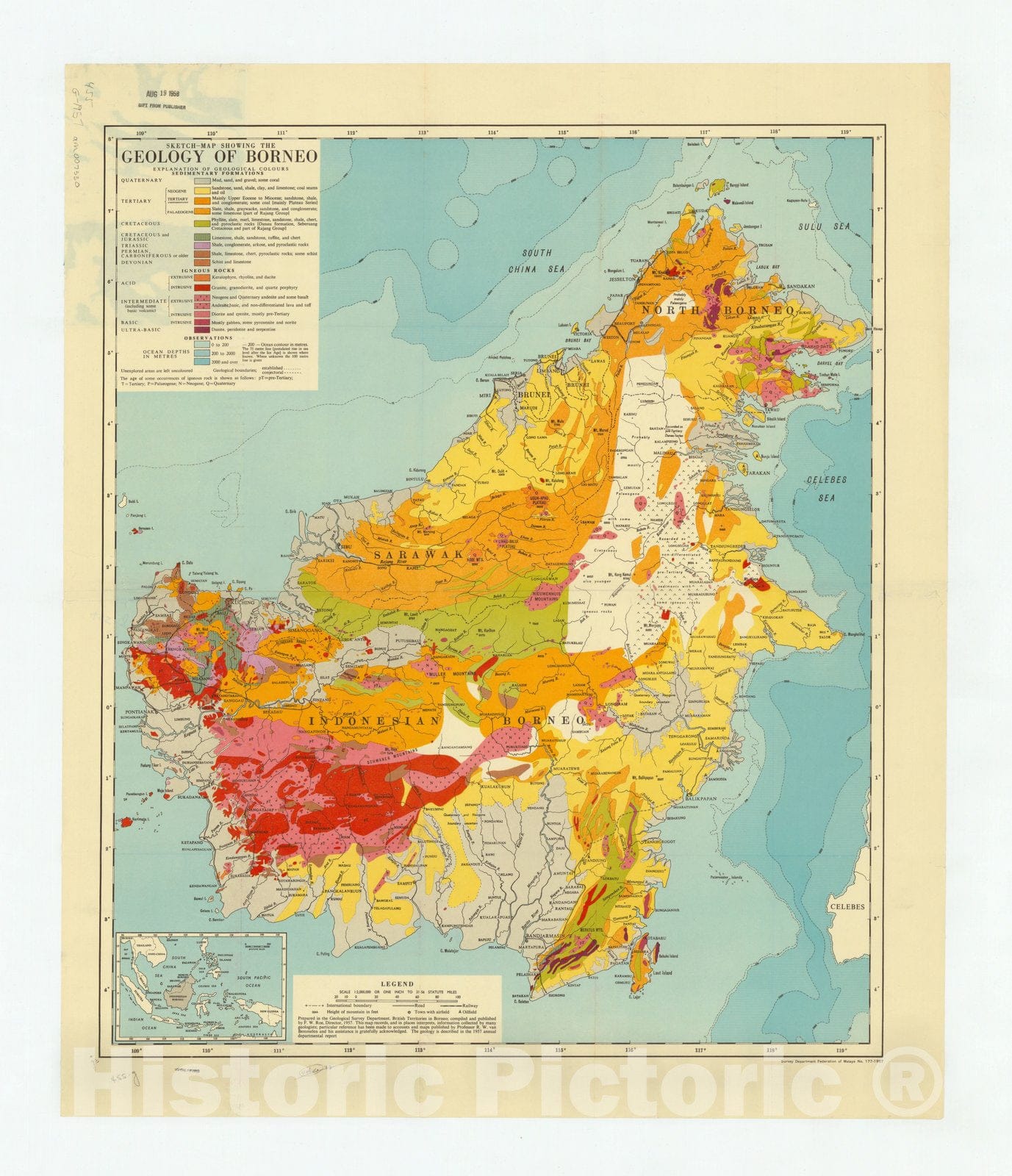 Map : Borneo 1957, Sketch map showing the geology of Borneo , Antique ...