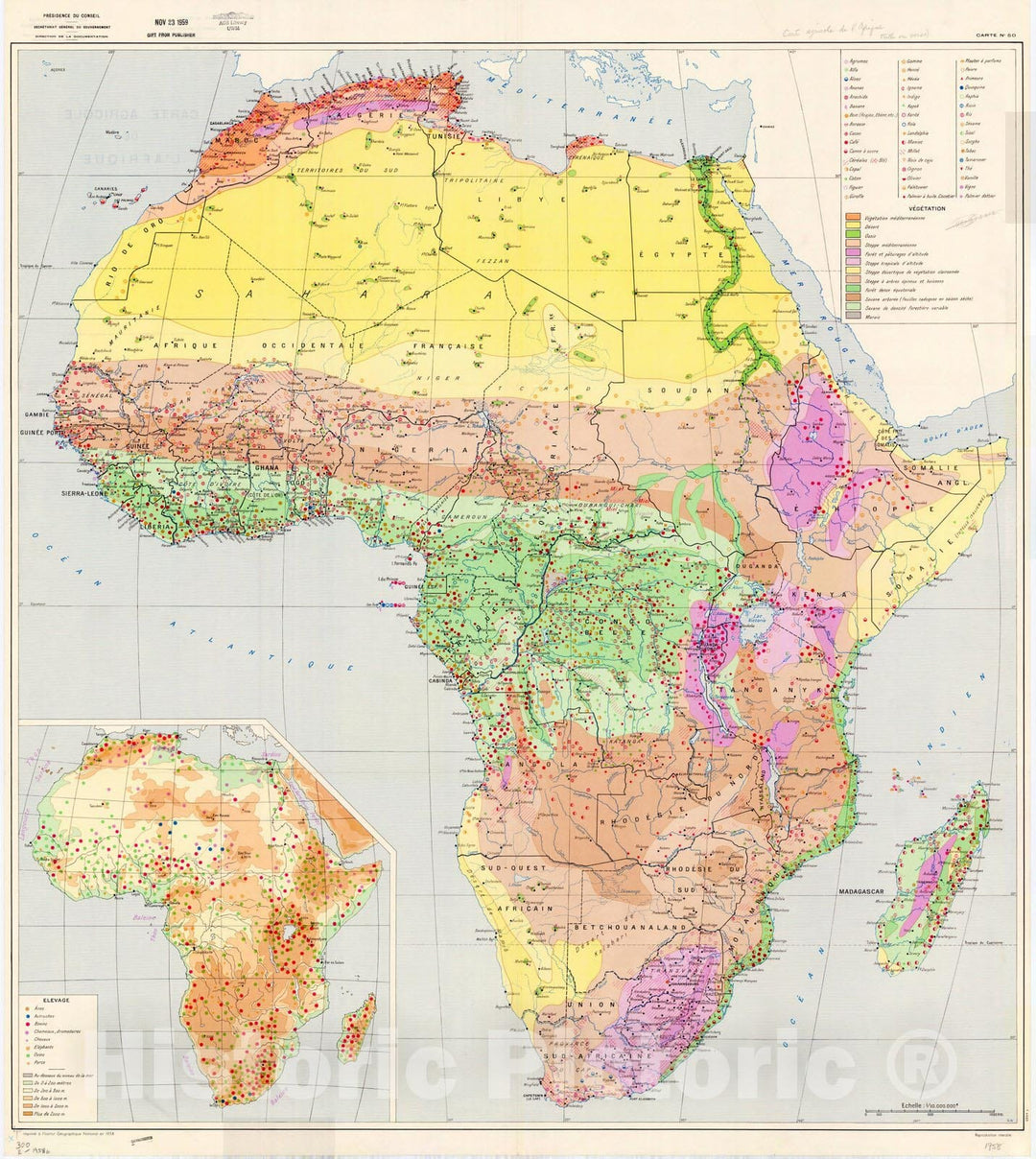 Map : Africa 1958, Carte agricole de l'Afrique, Antique Vintage Reprod ...