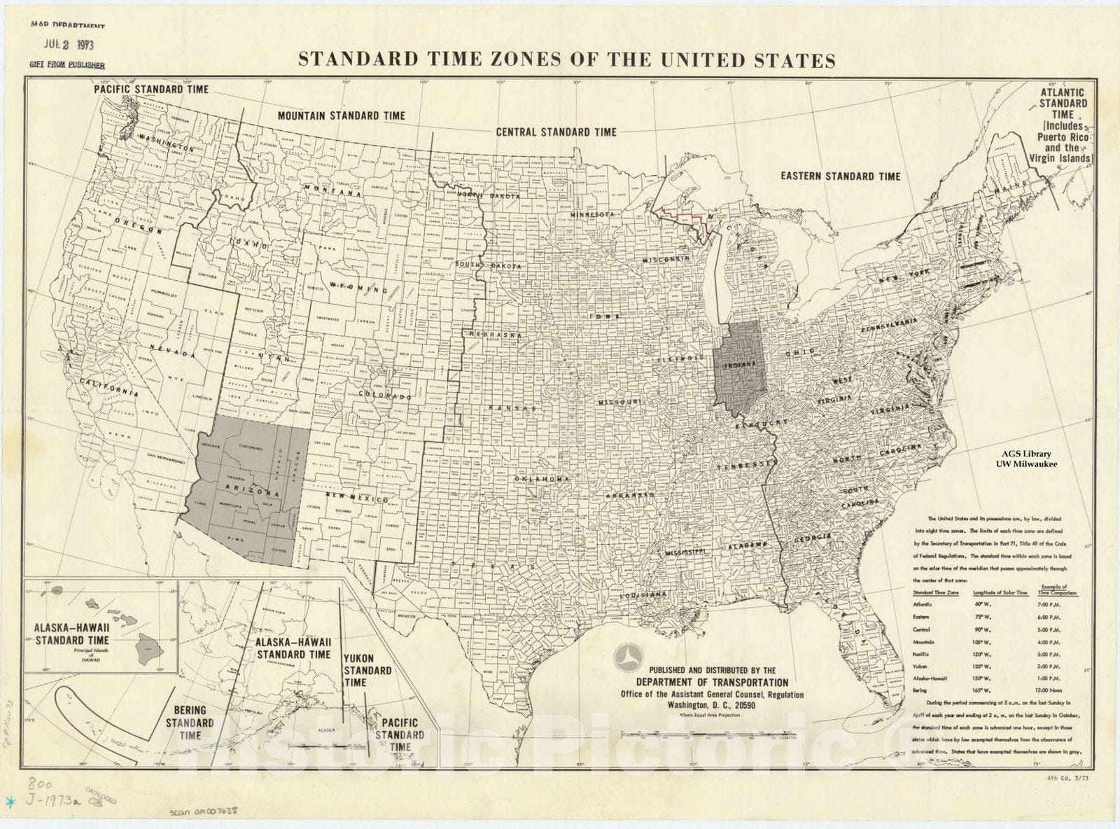 Map : United States 1973, Standard time zones of the United States, An ...
