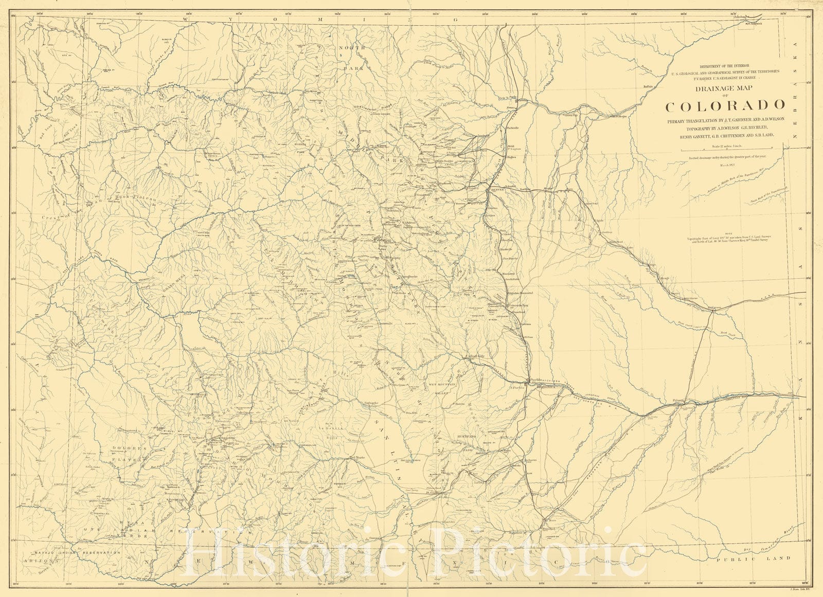 Map : Colorado 1877 2, Drainage map of Colorado , Antique Vintage Repr ...