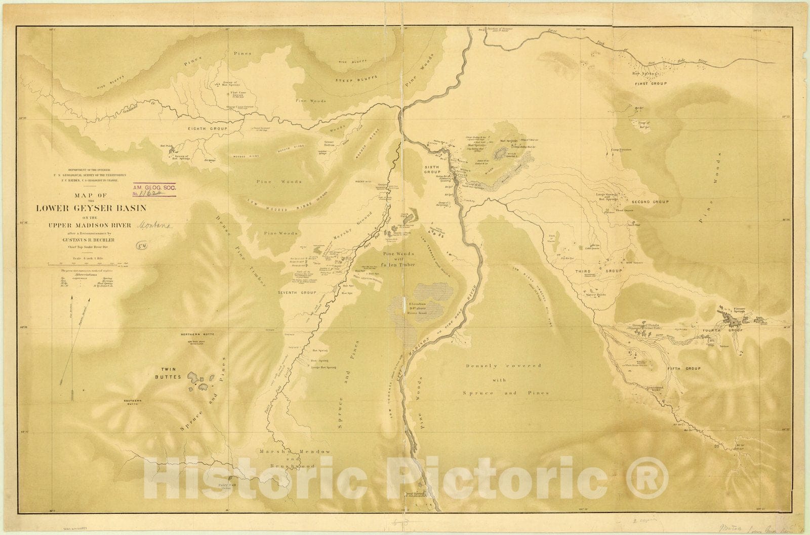 Map : Geyser Basin, Montana 1872, Map of the Lower Geyser Basin of the ...