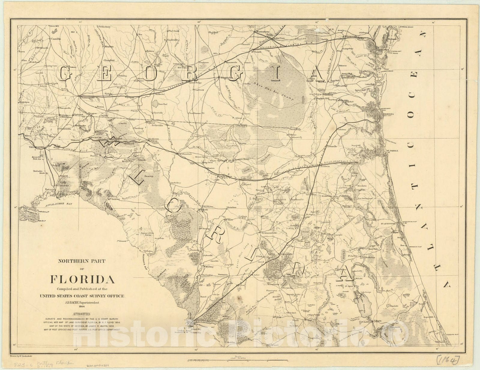 Map : Florida 1864 1, Northern part of Florida , Antique Vintage Repro ...