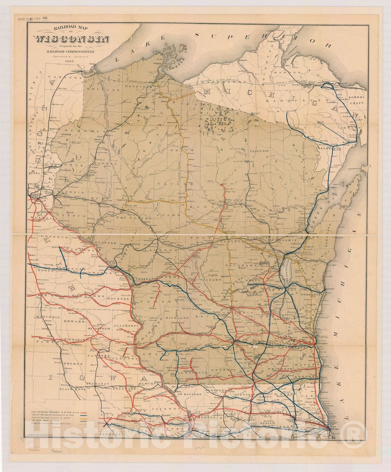 Map : Wisconsin 1882, Railroad map of Wisconsin , Antique Vintage Repr ...