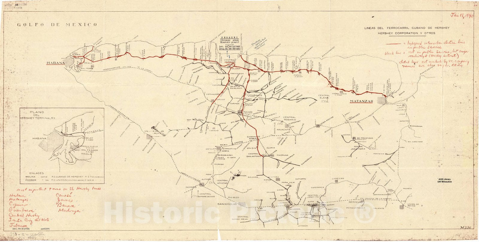 Map : Cuba 1940, Lineas del Ferrocarril Cubano de Hershey , Antique Vi ...