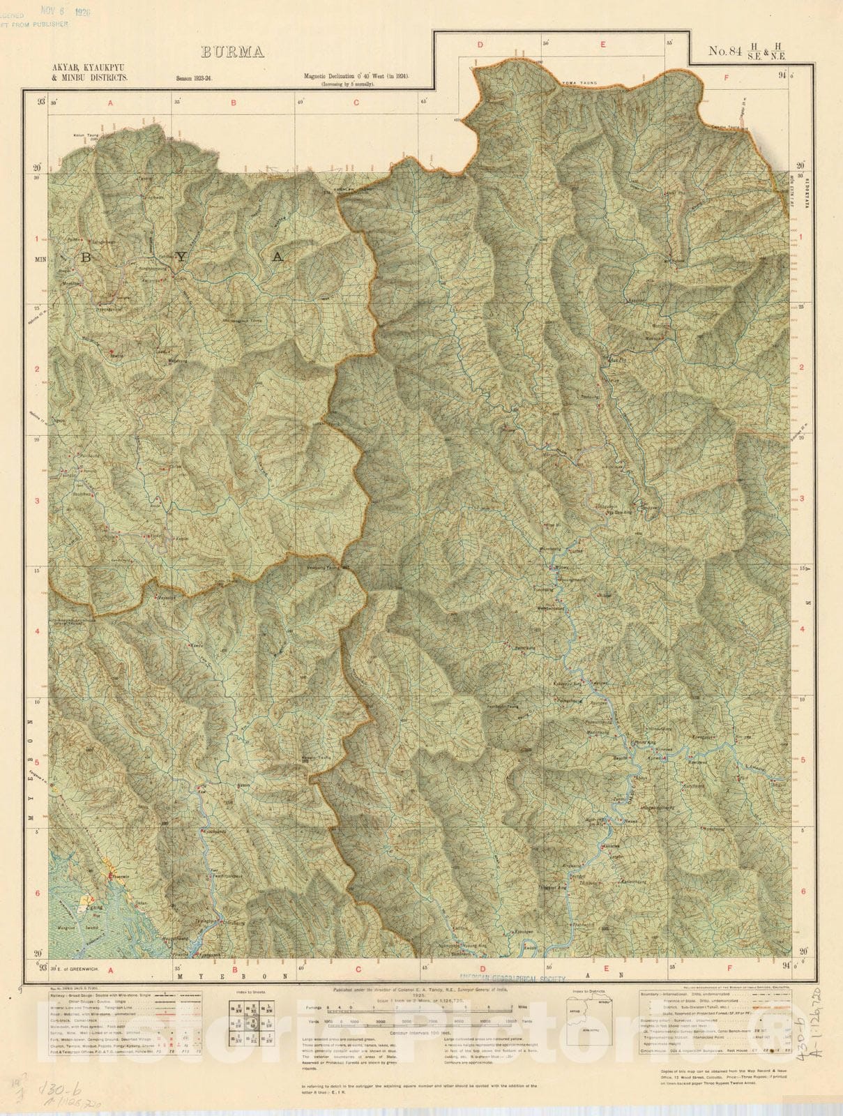 Map : Akyab, Kyaukpyu & Minbu Districts, Burma, No. 84 H/S.E. & H/N.E ...